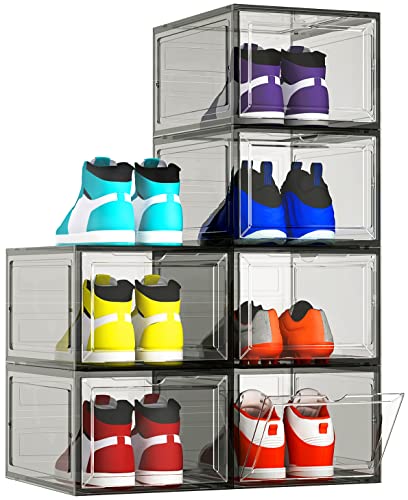 6 Pack Sneaker Storage, Sneaker Boxes Clear Plastic Stackable, Hard Plastic Shoe Storage, Sneaker Storage for Sneakerheads, Drop Front Shoe Box with Lids, Sneaker Containers Fit Up to US Size 12 (13.4"x 10.6"x 7.4")