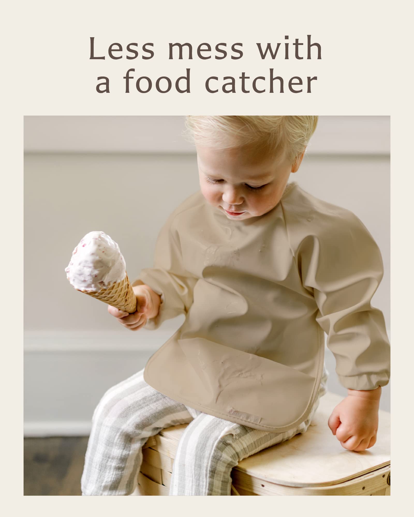 WILLOW + SIM Long Sleeve Baby Bibs - Wipe Clean, Washable with Food Catcher - Long Sleeve Bib for Babies, Toddler - Irish Cream