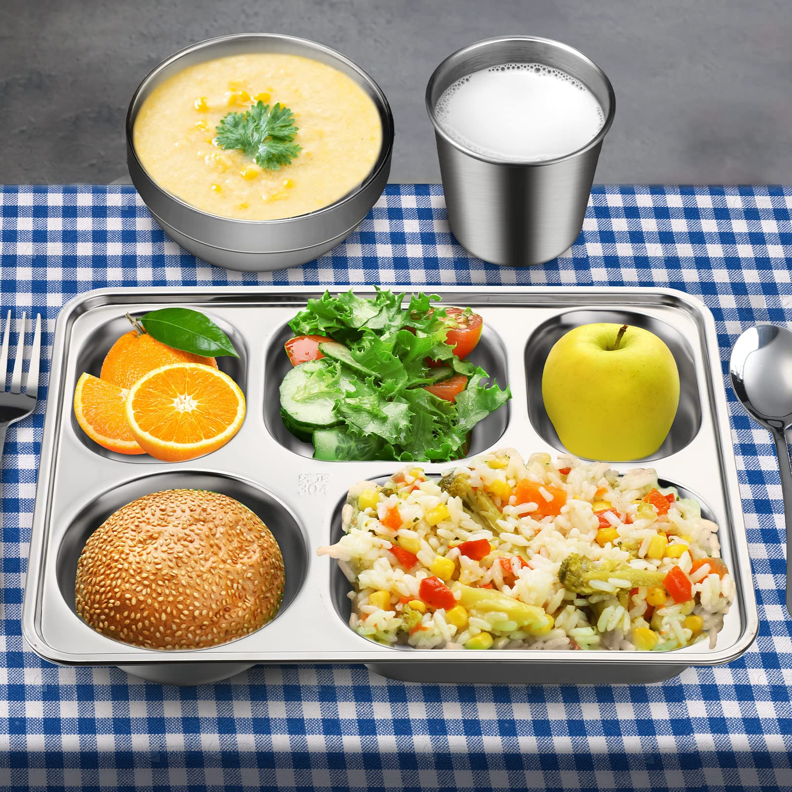20 Pcs Stainless Steel Dinnerware Set, Including Stainless Steel Rectangular Divided Dinner Tray Spoons and Forks Set Silver Stainless Steel Cups and Stainless Steel Bowl for Home Kitchen Restaurant