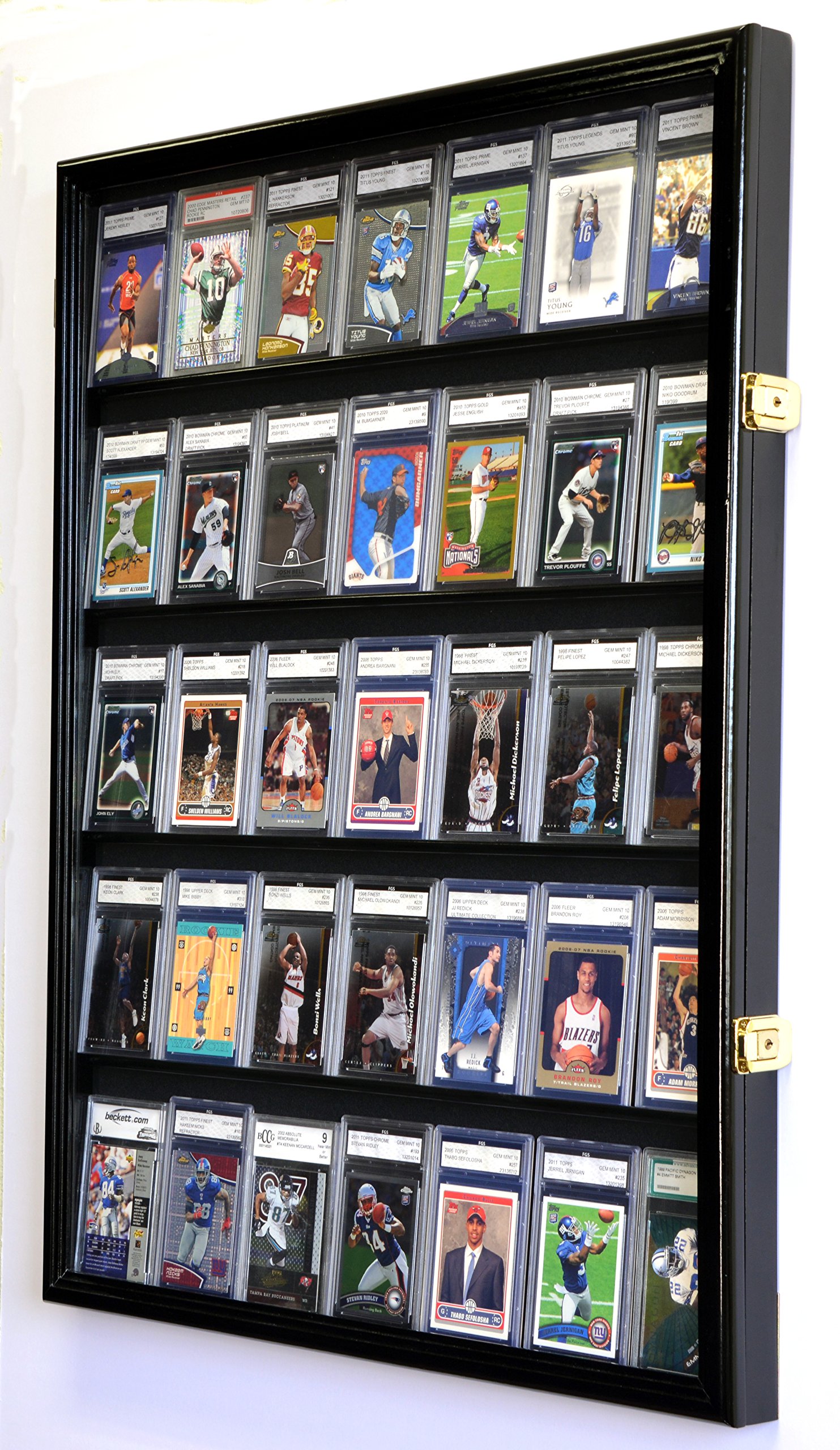 35 Graded Sport Cards / Collectible Card Display Case Wall Cabinet w/98% UV Door, Lockable, Black