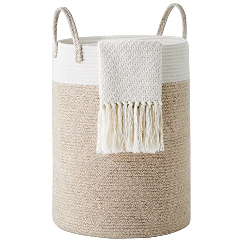 Cotton Rope Laundry Hamper by YOUDENOVA, 58L - Woven Collapsible Clothes Storage Basket for Blankets, Laundry Room Organizing, Bedroom, Brown & White