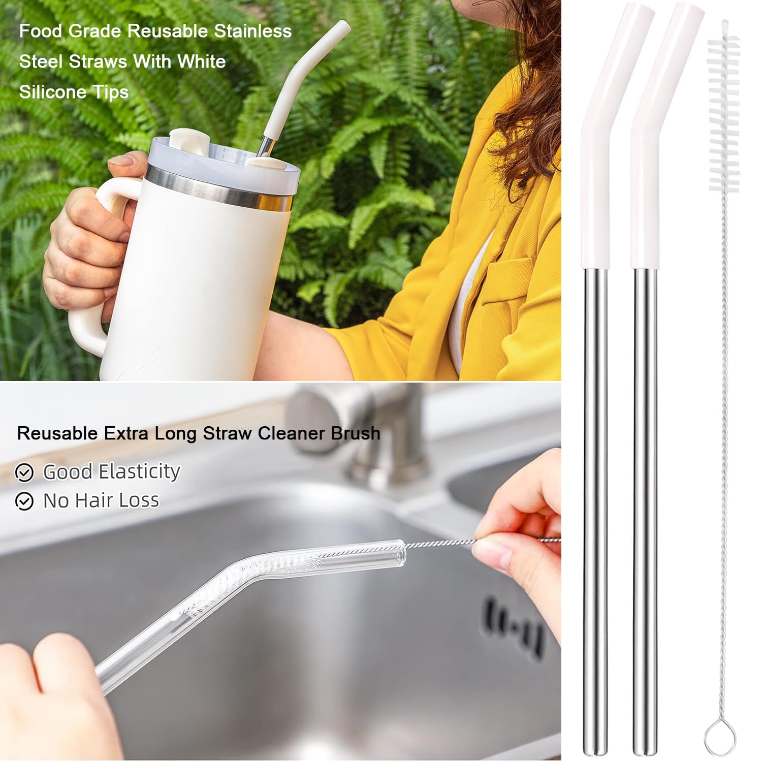 2 Pack 40 oz Tumbler Flip Straw Lid Replacement Fit for Stanley Quencher Tumbler with Stainless Steel Straws,Leak Proof Splash Resistant Tumbler Lids for Stanley Cup (White)