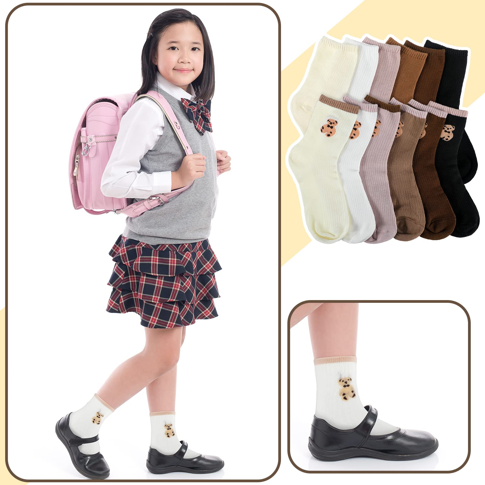 12 Pair Crew Socks for Women Girl Comfortable Casual Soft Cotton Socks Solid Color Bear Cute Socks Stretch Long Above Ankle Women's Calf Socks