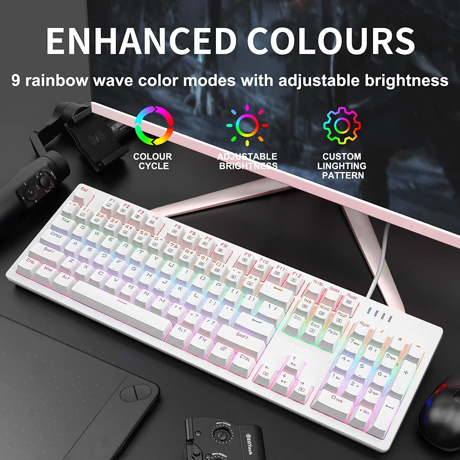 Mechanical Gaming Keyboard, E-YOOSO K-682 Rainbow LED Backlit and RGB Side Light 104 Key, High-Speed USB Data Cable-Suitable for Games and Office