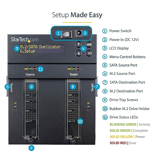 StarTech.com Standalone Dual Bay M.2 SATA/NVMe Duplicator/Eraser, HDD/SSD Cloner/Wiper for M.2 PCIe AHCI/NVMe, M.2 SATA, 2.5/3.5in Drives, Hard Drive Sanitizer/Copier, TAA (SM2DUPE11),Black