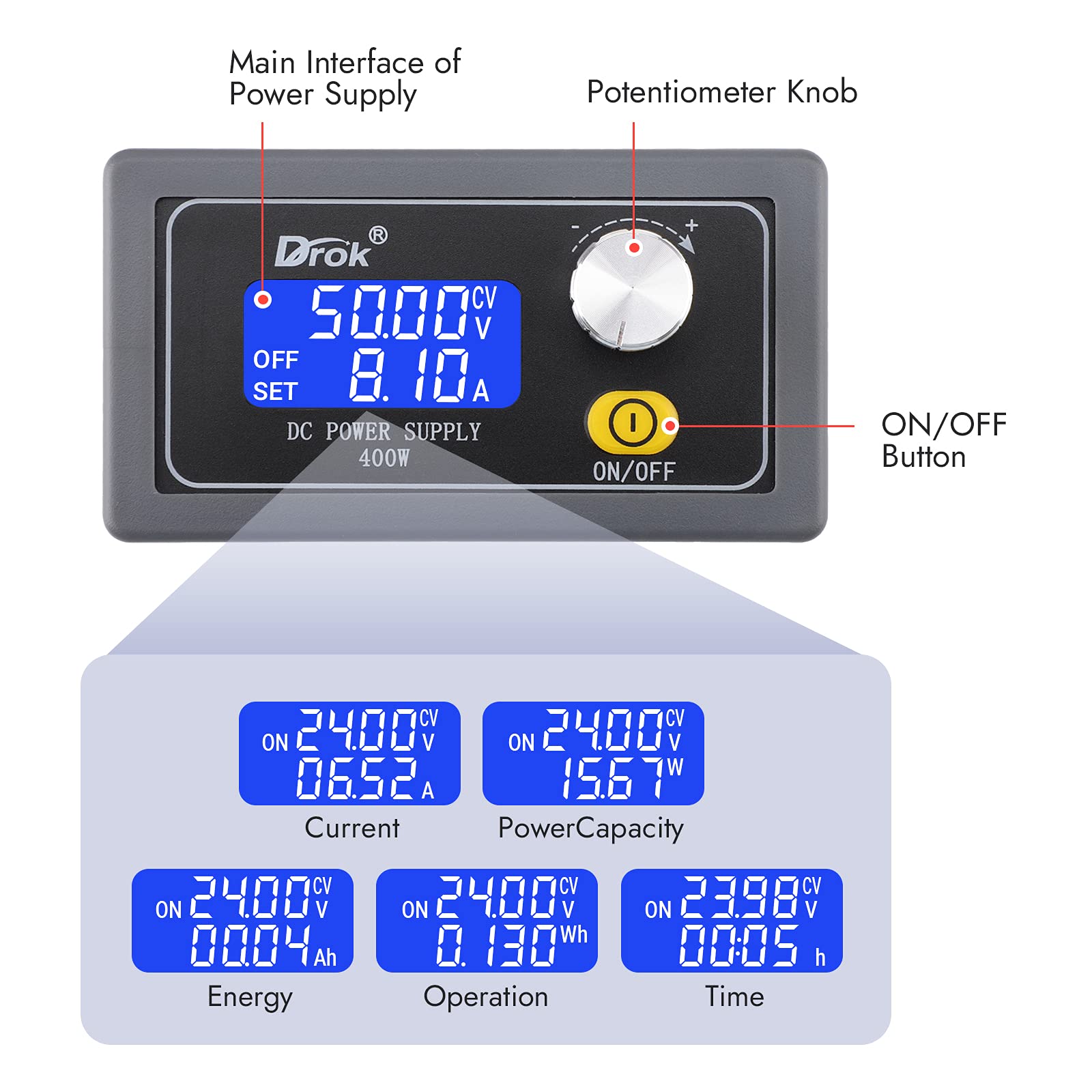 DROK DC Buck Converter, Stepdown Voltage Regulator 6-55V to 0-50V 8A 400W 6V 12V 24V 36V 48V Constant Voltage and Constant Current Buck Module, DC Regulated Power Supply