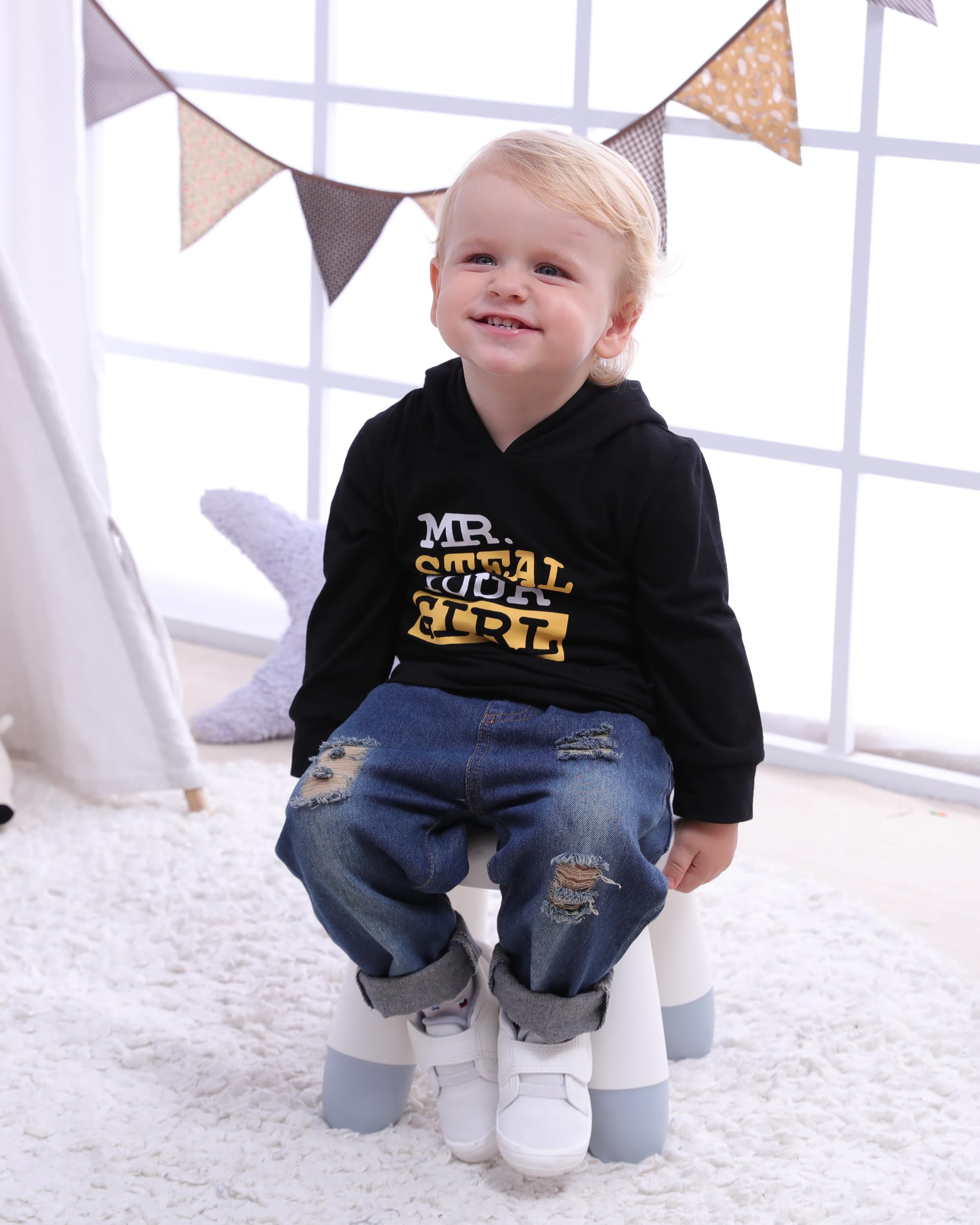 YALLET 2T 3T Toddler Baby Boy Clothes Fall Winter Outfit Sets Long Sleeve Letter Hoodies Top+Ripped Denim Pants 2pcs