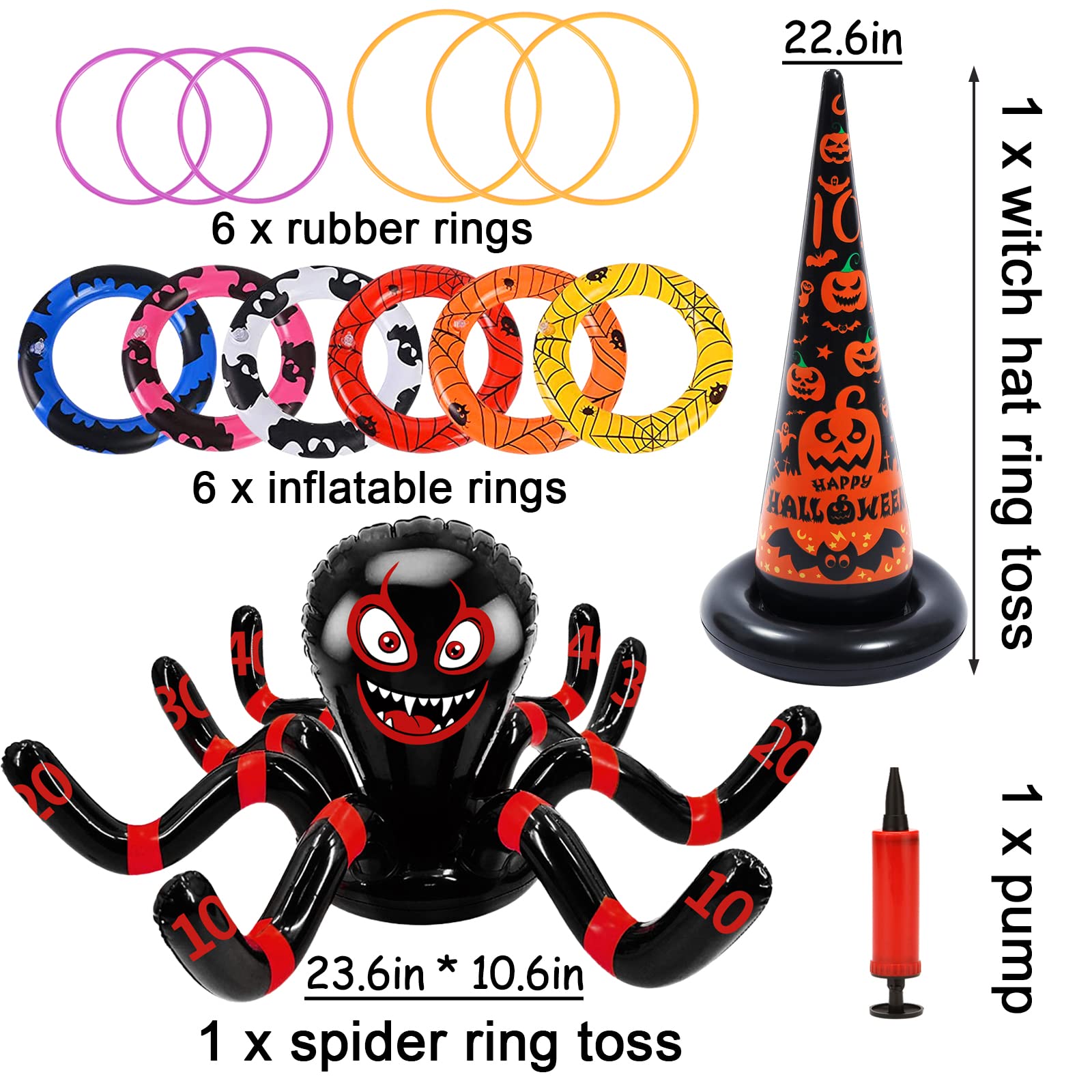 15Pcs Halloween Games Inflatable Spider Ring Toss Game with 12 Rings and Pump Halloween Ring Toss Game Set Gift for Kids Adults