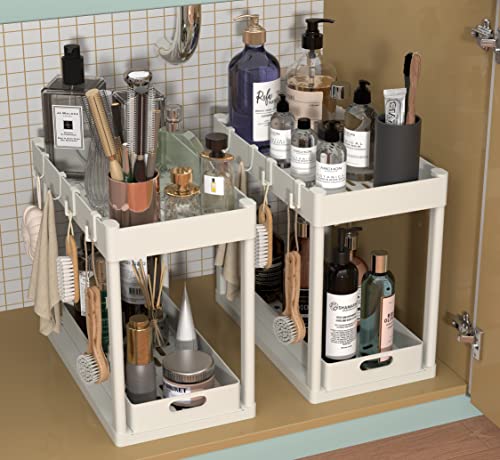 2PC Under Sink Organizer Rack 2 Tier Under Sliding Cabinet Basket Organizer Drawer with 4 Hooks, Multi-purpose Under Sink Storage for Bathroom Kitchen Desktop(White)