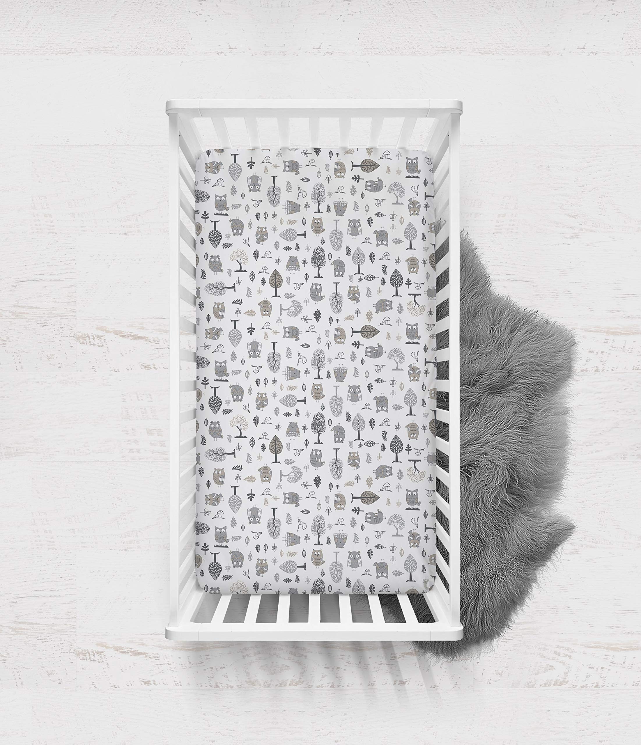 Bacati - 2 Pack Woodlands Bears Bison Owls Printed Neutral 100% Cotton Universal Baby US Standard Crib or Toddler Bed Fitted Sheets (Beige/Grey)