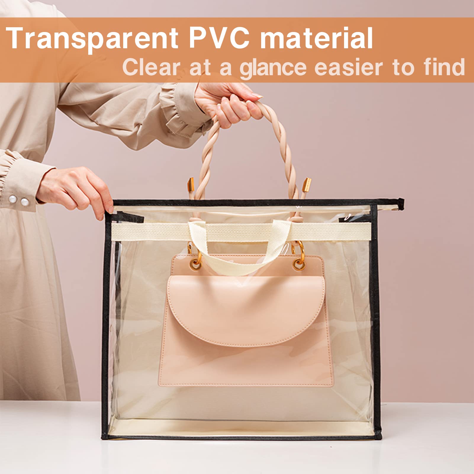 13Pcs Clear Dust Cover Bags for Handbags, YOCOMEY 5 Sizes Transparent Handbag Storage Organizer with Zipper and Handle, Dustproof Purse Protector Storage Bag for Closet Shelf (Beige)