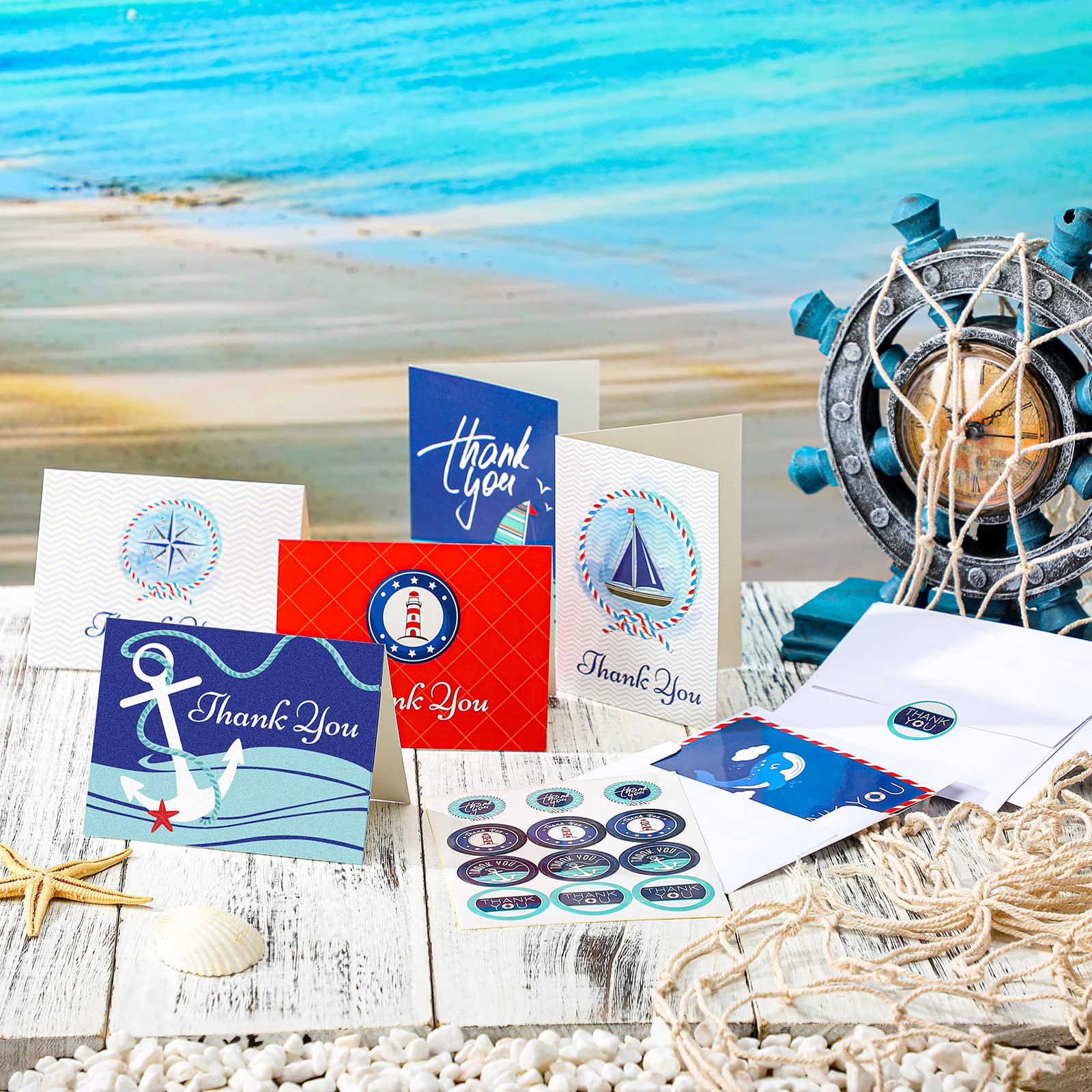 Hotop 24 Sets Cruise Thank You Cards for Ship Crew, Blank Inside Nautical Appreciation Note Cards Set with Envelopes and Stickers