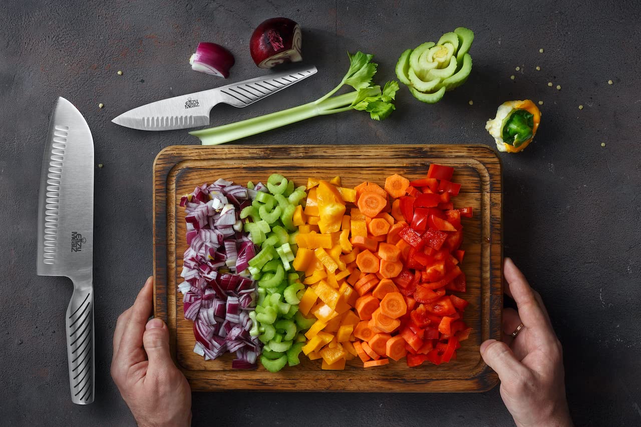 EaZy MealZ Super-Max Sharpness 2 Piece Knife Set | Stainless Steel | Non-Slip Comfort Grip | Professional Quality | All-Purpose | 7” Santoku & 4” Chef’s Knife