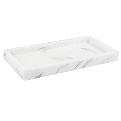 PLYFUNS Vanity Tray, Mini Bathroom Kitchen Resin Vanity Tray Cosmetic Organizer Jewelry Ring Dish Holder for Towel/Plant/Jewelry - White Marble