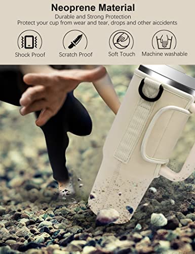 Aiscool Water Bottle Carrier Bag Holder for Stanley Quencher H2.0 Tumbler 40 Oz Cream, Neoprene Water Bottle Sling Bag Sleeve Holder Carrier with Adjustable Shoulder Strap & Straw Covers
