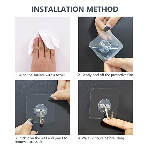 30 Pack Adhesive Hooks for Hanging Heavy Duty Wall Hooks 13 lbs, Waterproof and Rustproof Transparent Reusable Seamless Hooks for Home Kitchen, Bathroom, Office