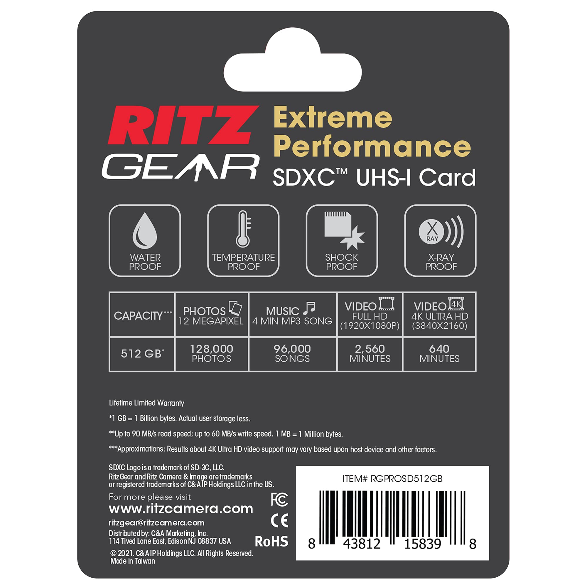 Ritz Gear 512GB High-Speed SDXC UHS-I SD Card, C10, U3, V30, Full-HD & 4K Memory Card