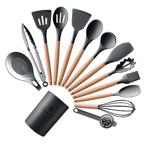 14 Pcs Silicone Kitchen Utensil Set Tongs Spoon Spatula Wood Handle Cooking Utensils Kitchen Gadget Tools Set Non Stick Heat Resistant Cooking Utensils