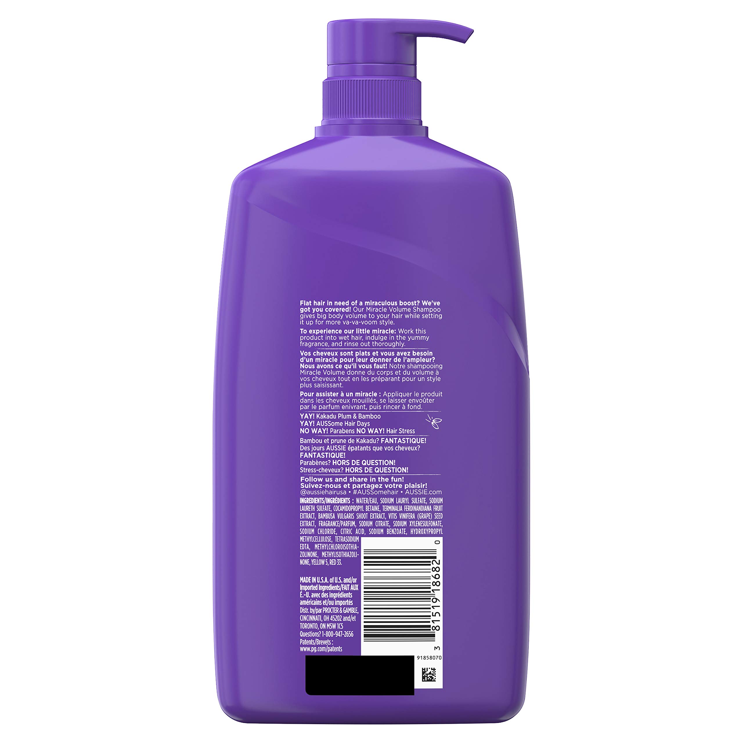 Aussie Miracle Volume with Plum & Bamboo, Paraben Free Shampoo, 26.2 fl oz