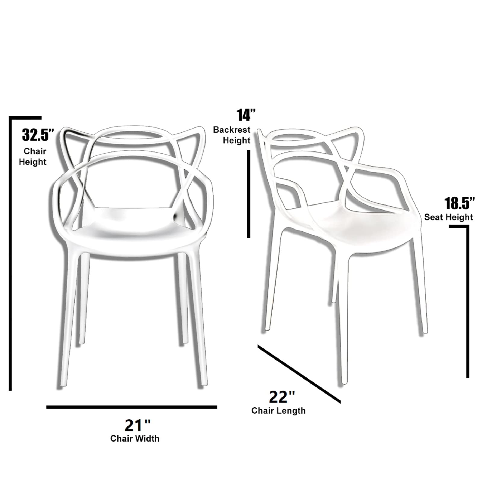 2xhome Set of 4 White Stackable Contemporary Modern Designer Plastic Chairs with Arms Open Back Armchairs for Kitchen Dining Chair Outdoor Patio Bedroom Accent Patio Balcony Office Work Garden Home