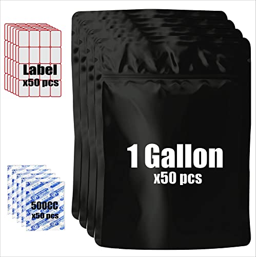 50 Matte Black MYbag Mylar Bags for Food Storage 5 Mil Thick With Oxygen Absorbers 500cc + Labels - 1 gal Mylar Bags 10"x14" Resealable Mylar Bag for Candy, Packaging Bags, Long Term Storage - Stand-up Large Mylar Ziplock Bags