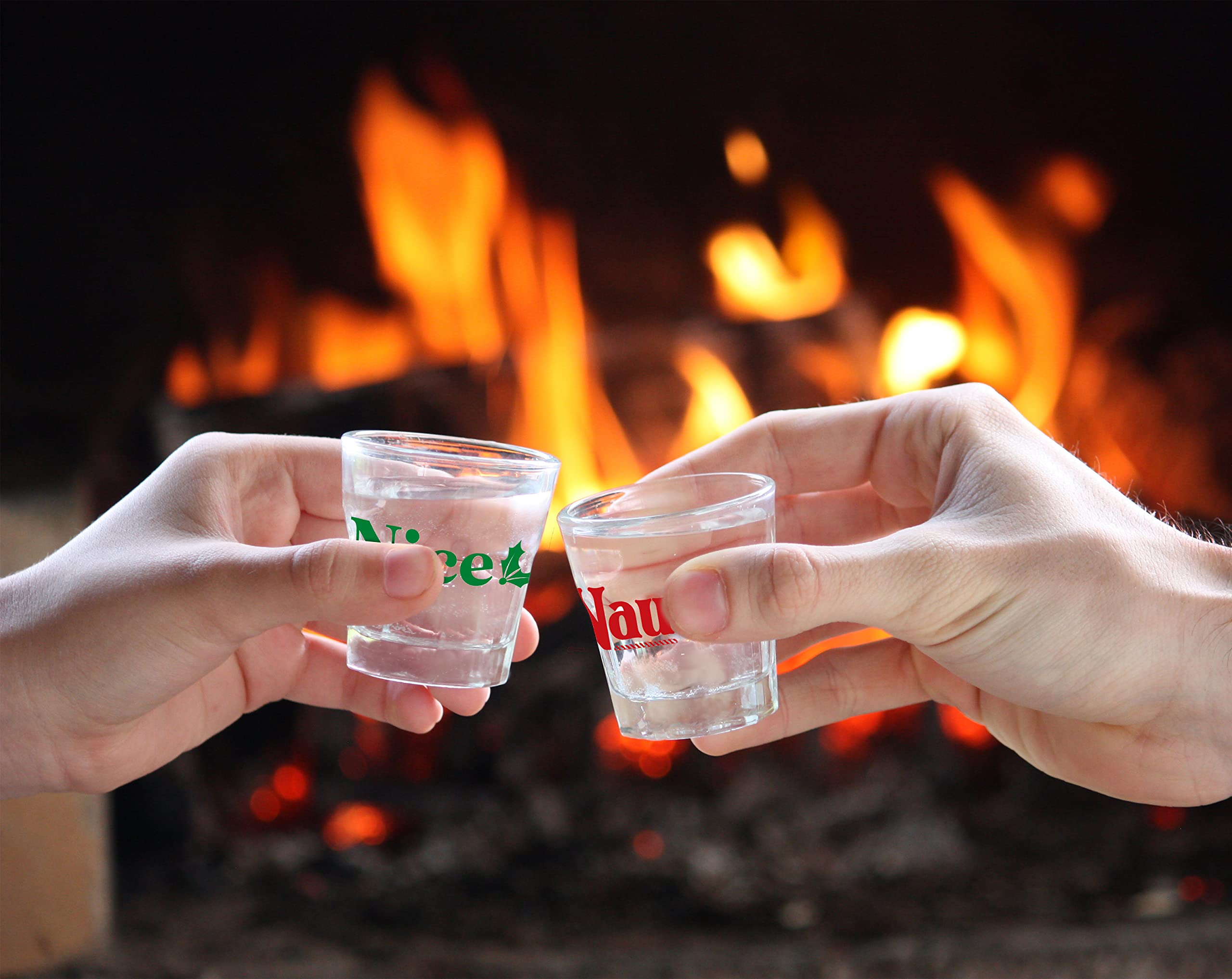 2 Shot Glasses - Christmas Naughty & Nice Novelty Glass Set - 1.5 oz Green Red Fun Gift Wrapped Boxed - Unique Fun Funny Gag Present For Him Her - Liquor Drinking Game
