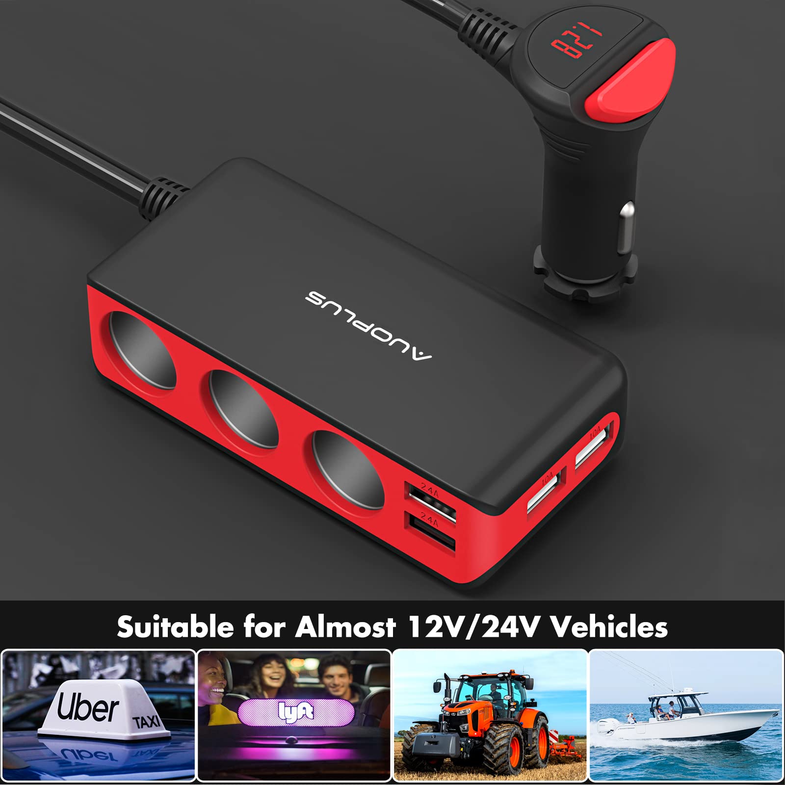 AUOPLUS 120W 3 Socket Cigarette Lighter Splitter Car Charger Adapter, LED Voltage Display Dual 4 USB Chargers(6.8A), Car Charger On/Off Switches 12V for iPhone iPad Samsung GPS Dashcam