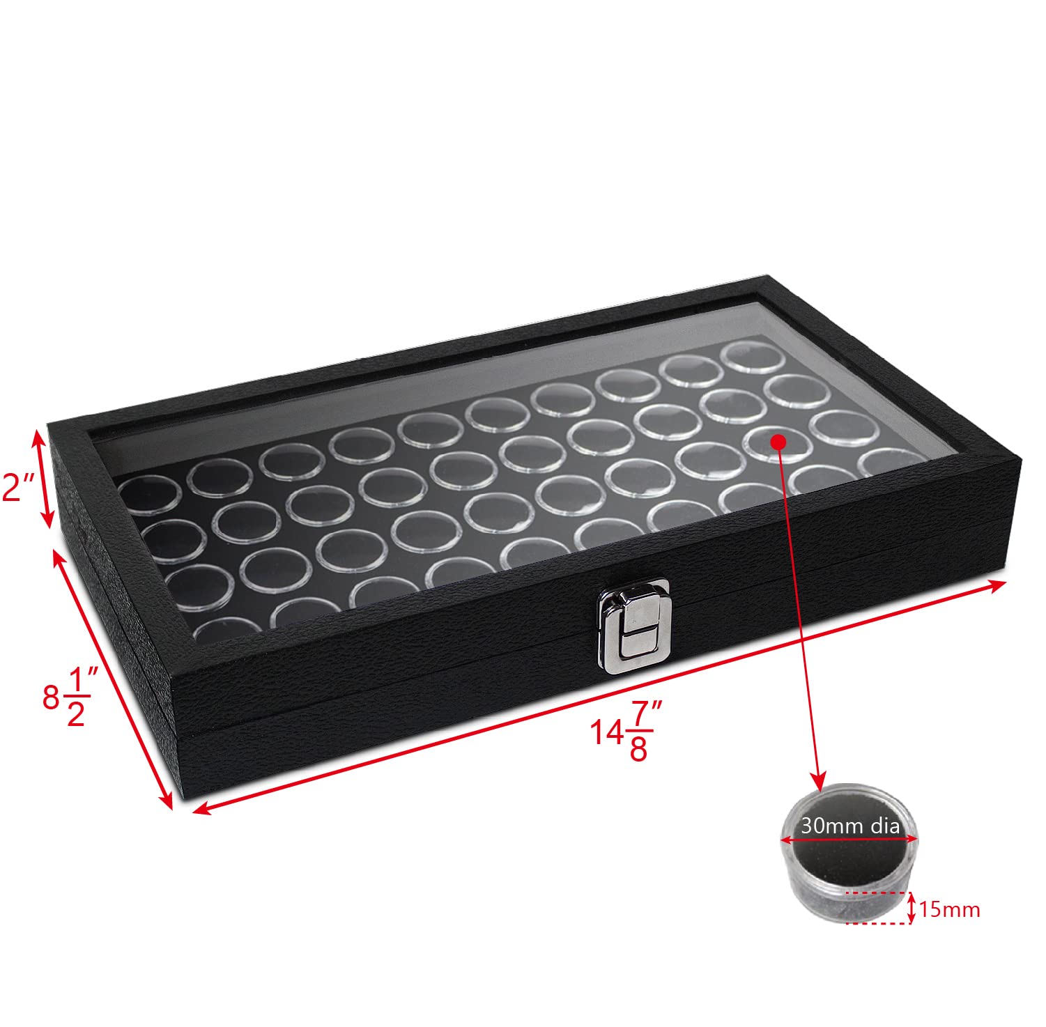 MOOCA Black Glass Top Jewelry Display Case Box 50 Gem Jars, Ring Box, Jewelry Organizer, Gem jar storage for Jewelry, Glass Display Box, storage Tray