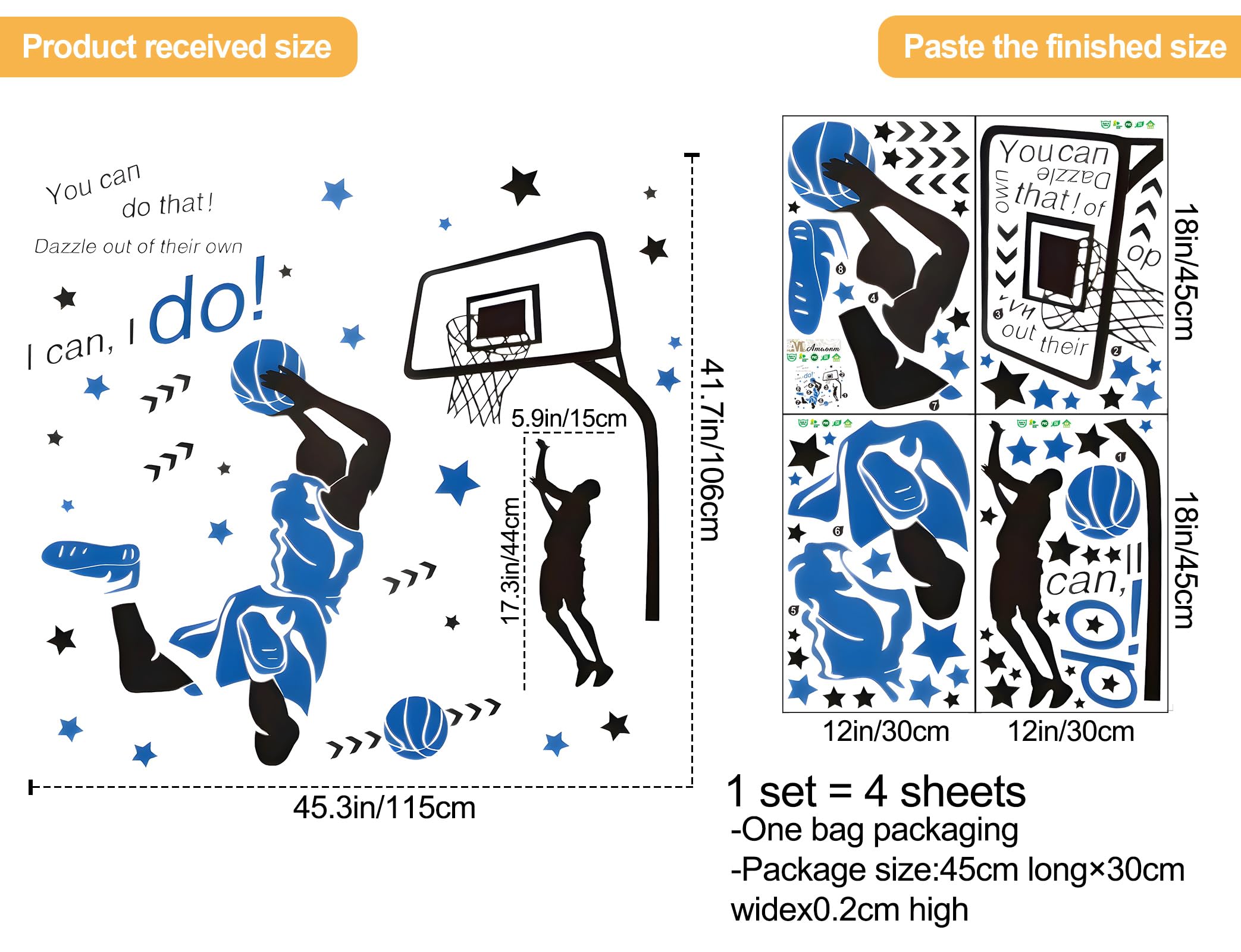 Amaonm Creative 3D Basketball Player Dunk Basketball Star Wall Decals Removeable Walls Art Decor DIY Wall Sticker Home Decorations Decal Nursery Sticker for Boys Room Living Room Bedroom (Blue)