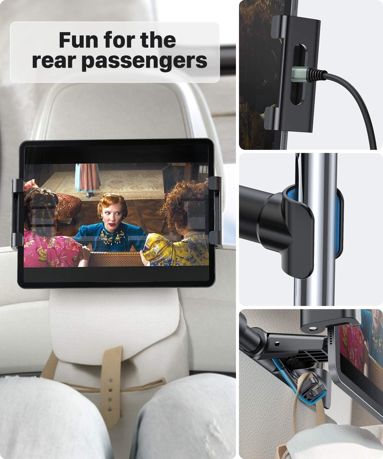 Bakel Portable Electronic Device Mount, Black, Compatible with iPhone, iPad, 6"-10" Tablets, 4.7"-8" Cell Phones, Fits Headrests 5.2in-5.7in Wide, Never Shakes, Hook 2 in 1