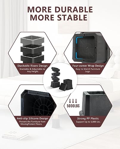 Affogato Bed Risers (Pack of 16) Adjustable Furniture Risers Lift Heights 2, 3, 4 or 5 Inch Heavy Duty Lifts Up to 5,000 lbs Bed Lifts Risers for Bed Frame Sofa Couch Desk and Table, Black