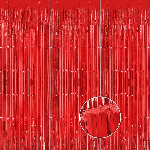 3 Pack Red Thicken Foil Fringe Curtains Decorations 3.2x8.2ft, Photo Backdrop for Birthday Bachelorette Bridal Shower Baby Shower Graduation Party, Party Streams Decor