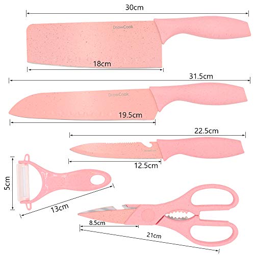 Kitchen Knife Set Pink - 5 Piece Cooking Knives, Non-Stick and Sharp Chef Knife Sets for Kitchen Cutting Meat, Scissors and Ceramic Peeler for Slicing, Paring Fruits and Vegetables