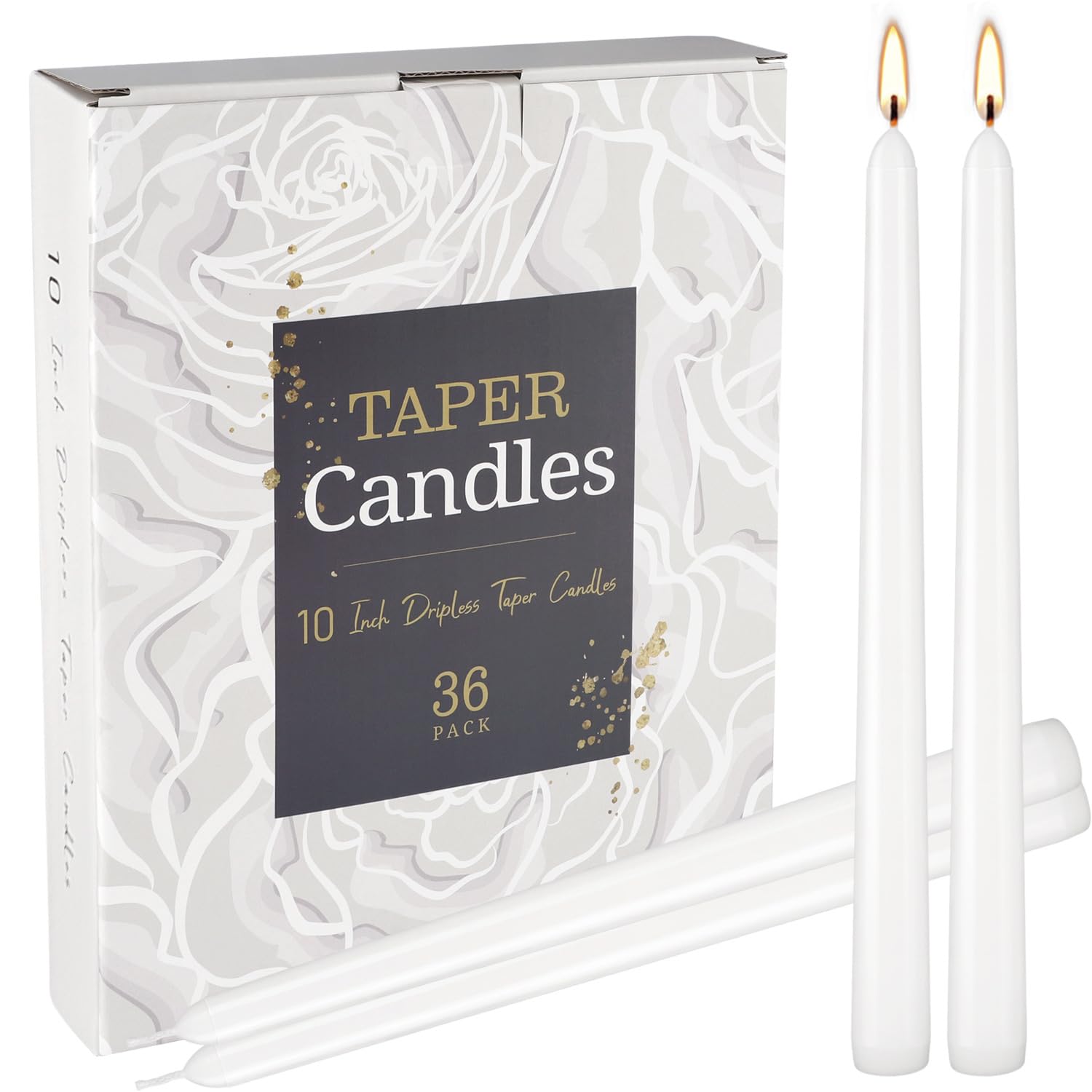 36 Pack 10 inch White Taper Candles, 7-7.5 Hour Burn Time,Unscented Dripless and Smokeless, 10 inch Elegant Premium Quality Dinner Candle for Home Décor, Restaurant, Wedding, Party Candlesticks…