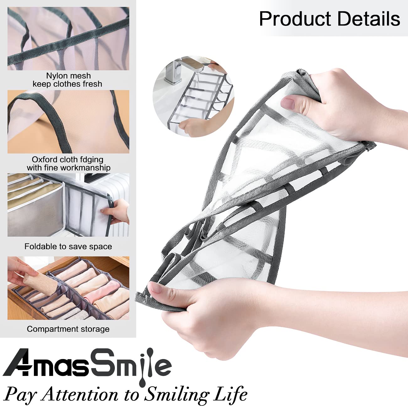 AmasSmile Wardrobe Clothes Organizer, 7 grids Washable Clear Mesh Closet Organizers and Storage Bins Drawer Dividers for Underwear,Bra, Underpants, Socks(3PCS BEIGE)