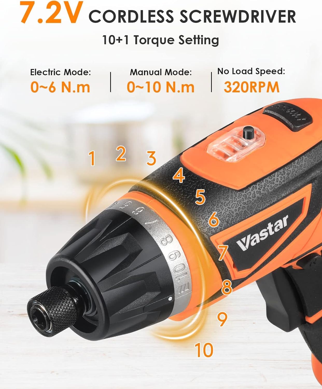 Vastar 7.2V Cordless Screwdriver, Electric Power Screwdriver Set With Rechargeable Battery & Pivoting Handle, 320RPM/10+1 Torque Small Automatic Screw driver Kit with 47Pcs Bits/LED Front Light