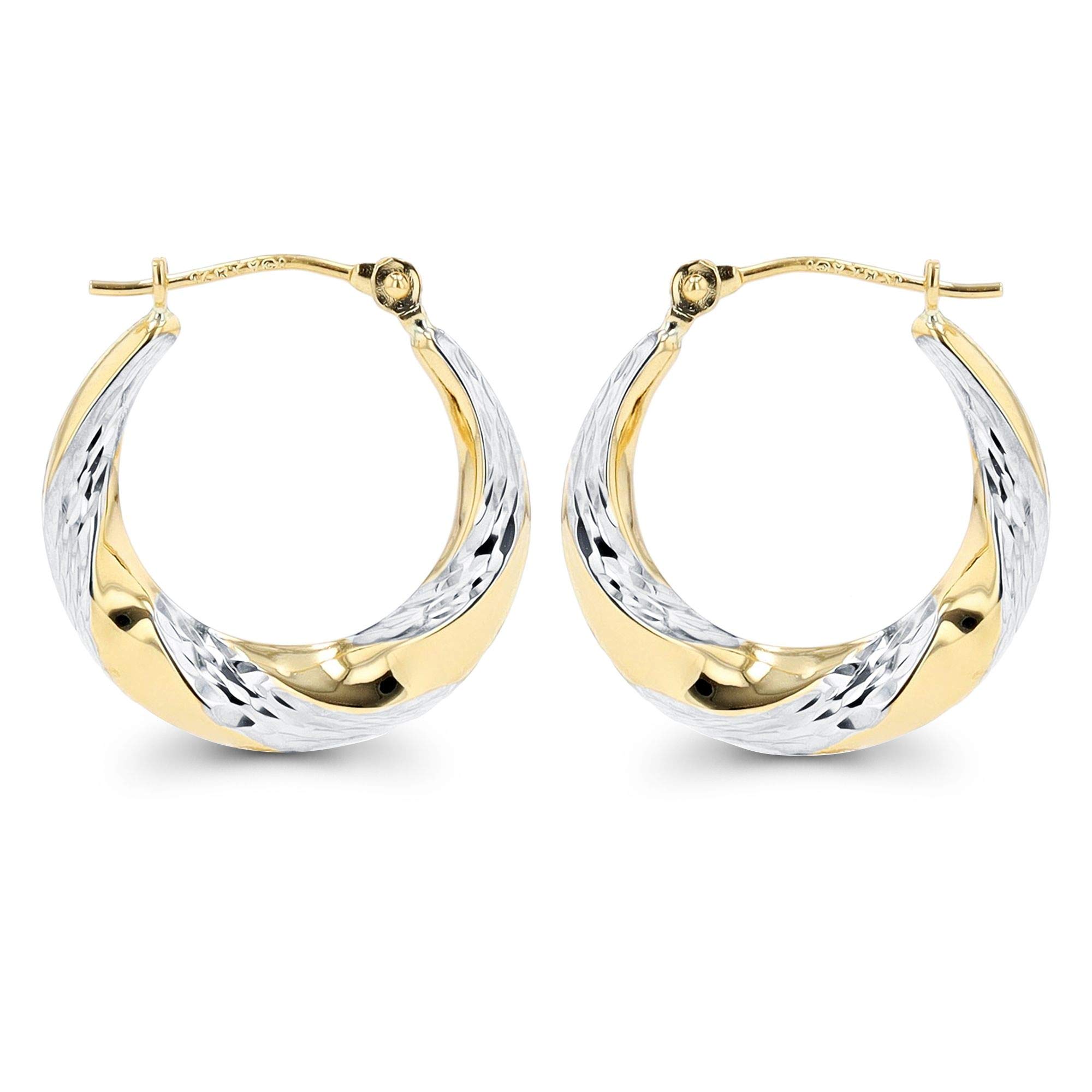 14K Yellow and White Gold Diamond Cut & Polished Twisted Hoop Earrings For Women | 4x20mm Hoops | Earrings For Sensitive Ears | Solid Gold Two Tone Hoops For Women