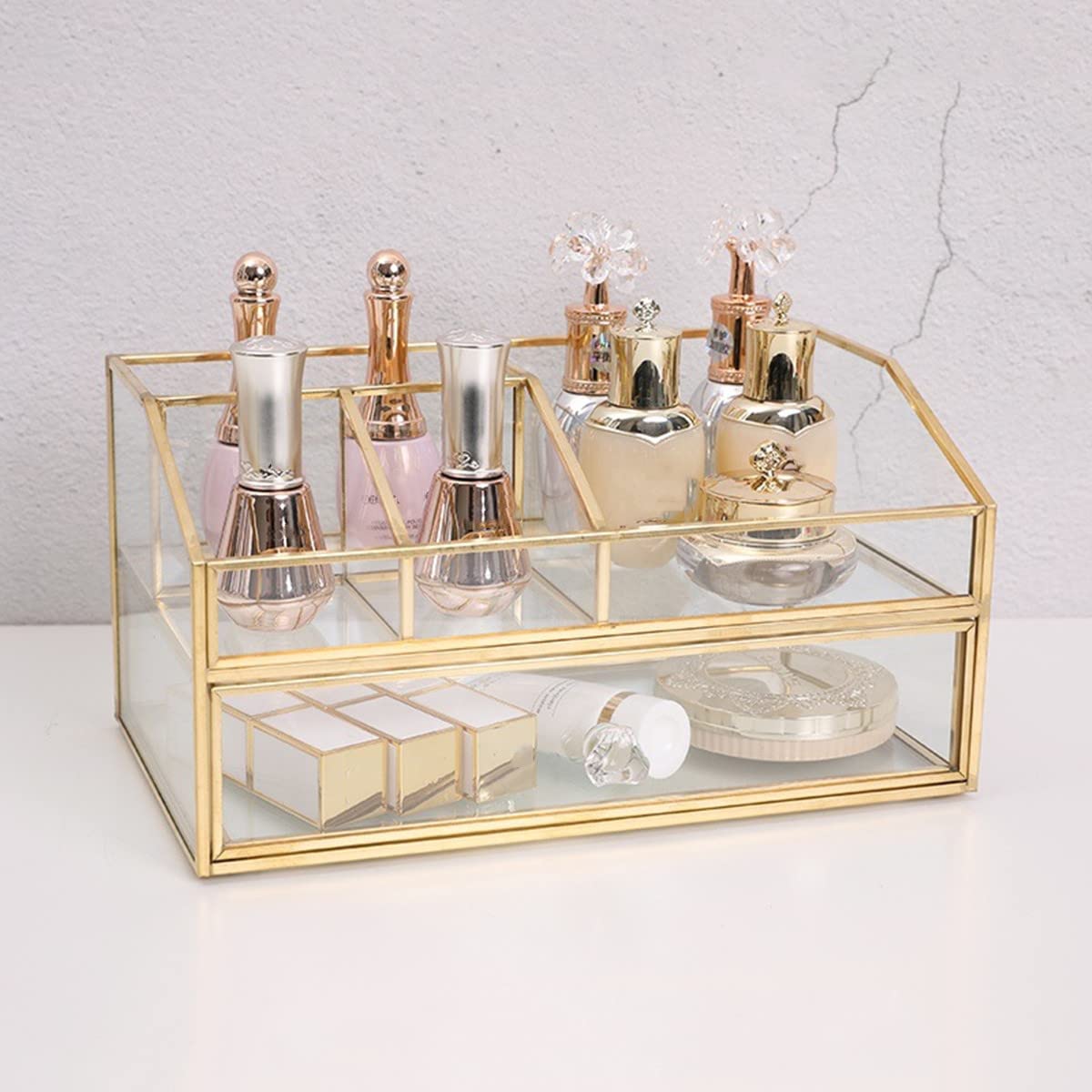 bofeiull Glass Makeup Brush Holder, Makeup Brush Organizer Jewelry Display Box, Nordic Style Elegant Glass Makeup Organizer Nail Polish Lipsticks Eyeliners Holder for Vanity Bathroom Bedroom Office