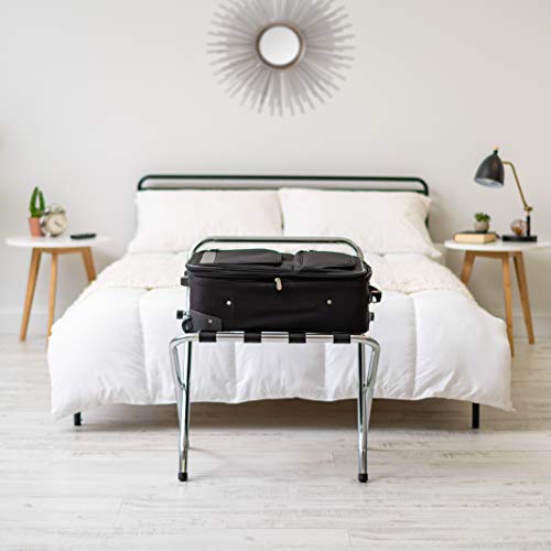 IRIS USA Steel Folding Foldable Luggage Rack Suitcase Stand Shelf with Support Bar, Space Saving for Guest Room, Bedroom, Hotel, Holds up to 110 lbs, Chrome Silver