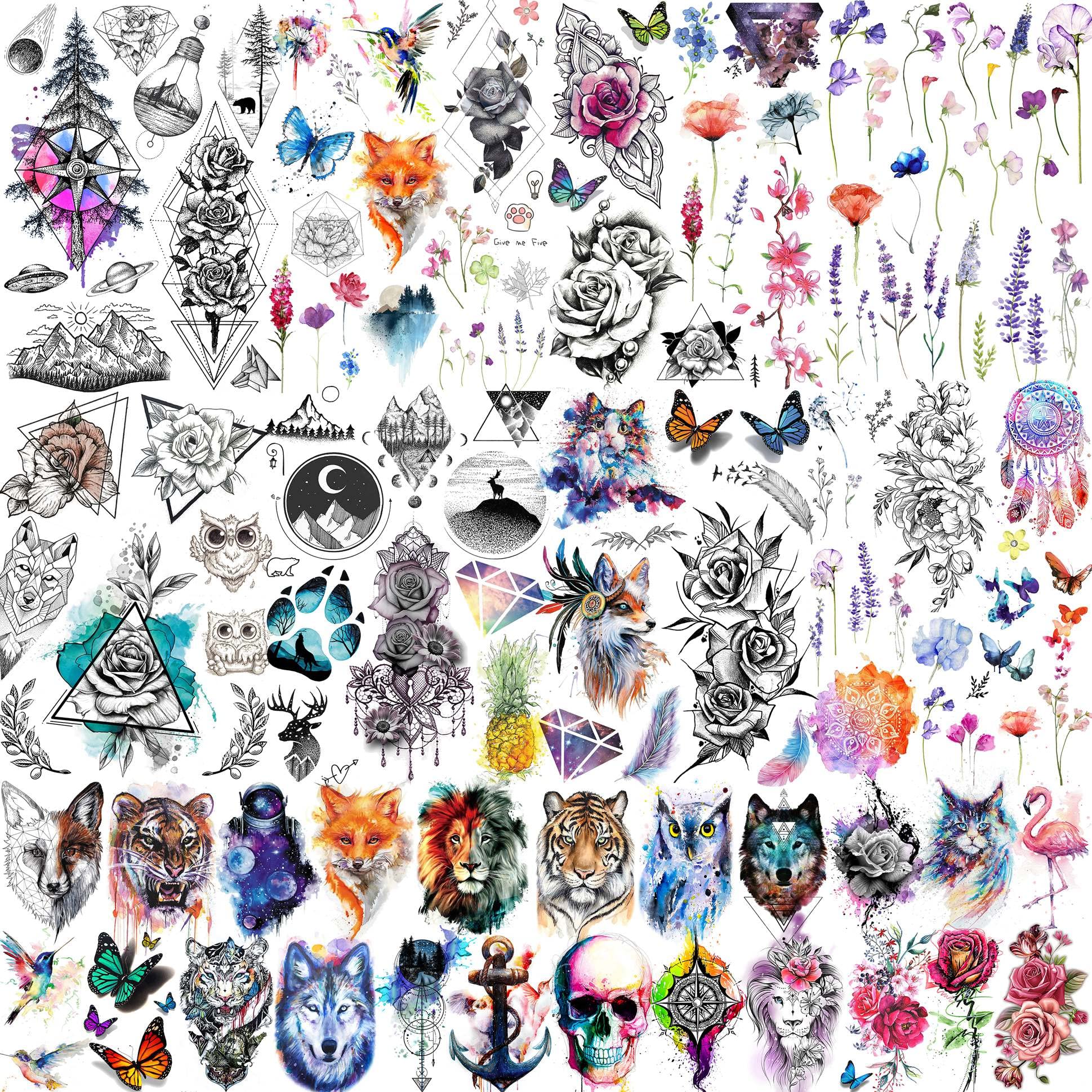 Yezunir 6 Sheets Watercolor Flower Temporary Tattoos For Women Girls Small Lavender Sweetpea Diamond Glitter Face Fake Tattoos Temporary Women Rose Floral Geometric Butterfly Feather Birds Tatoos Set