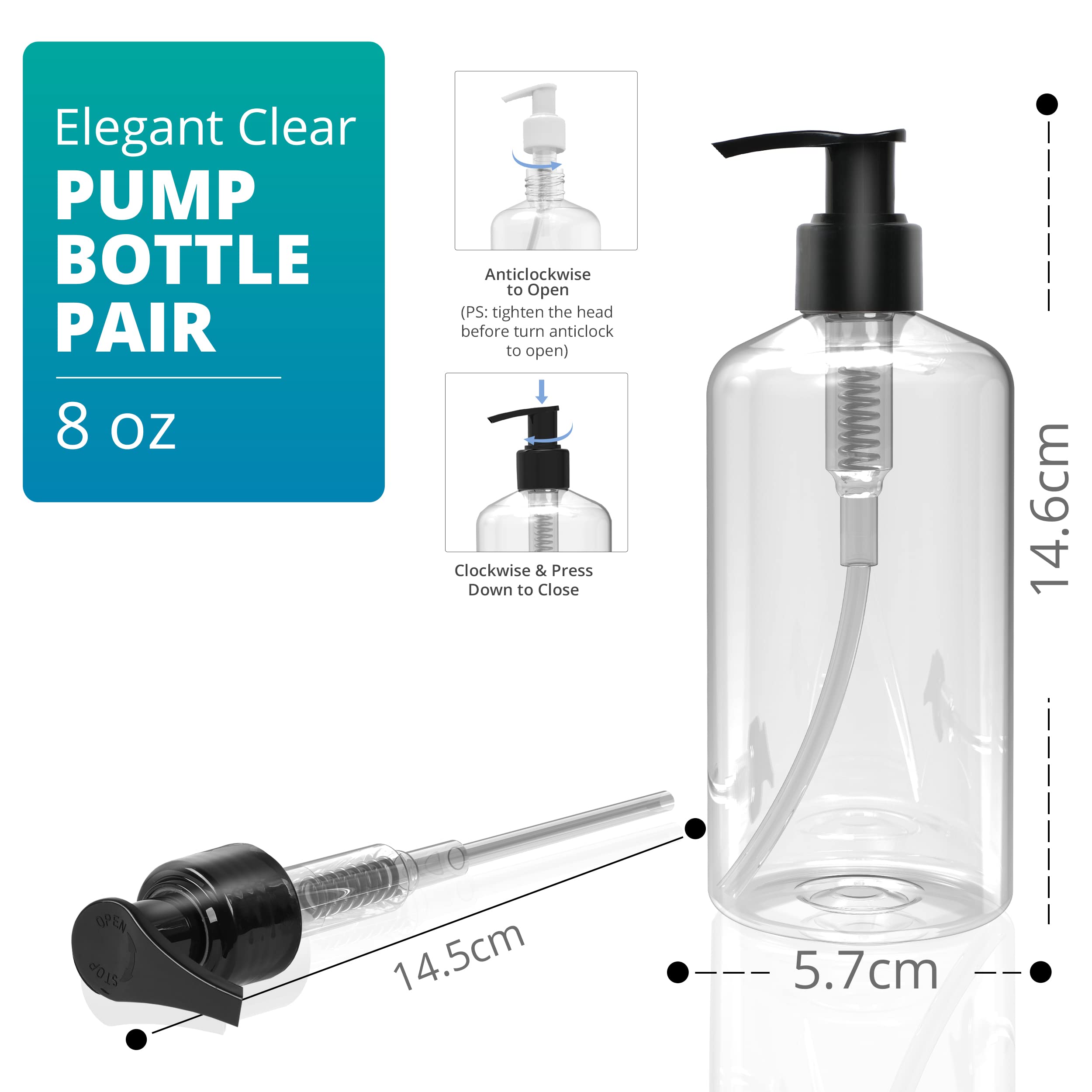 2 PCS Refillable Shampoo and Conditioner Bottles with Pump 8oz β Clear Plastic Pump Bottles Dispenser Empty - BPA Free Leak Proof Hand soap Dispenser Set with Travel Lock