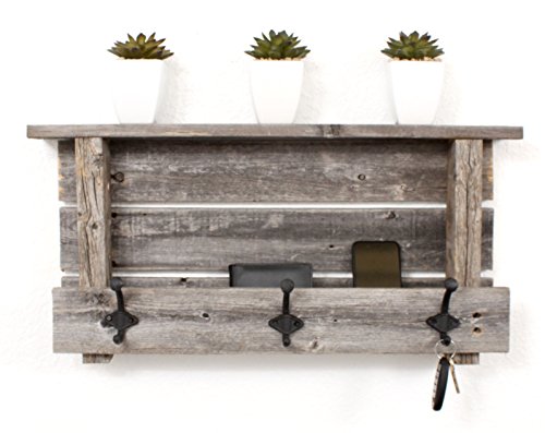 BarnwoodUSA | Rustic Wood Farmhouse Shelf with Hooks (Weathered Gray)