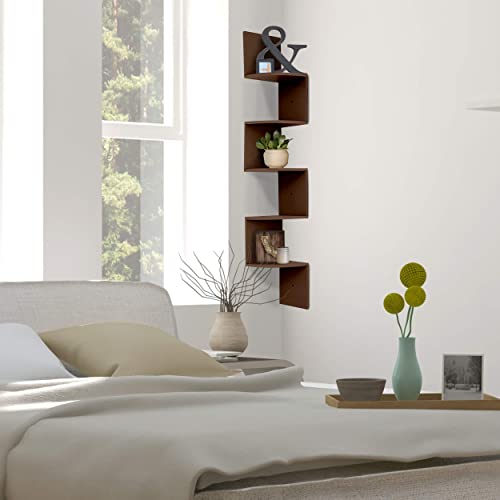 Halter Corner Shelf Wall Mount, 5-Tier Floating Wall Mount, Hanging Corner Shelf, Tall Corner Bookshelf, Rustic Wood, Zig Zag Shelving Unit, Floating Shelves for Bedroom Décor, Living Room, Bathroom
