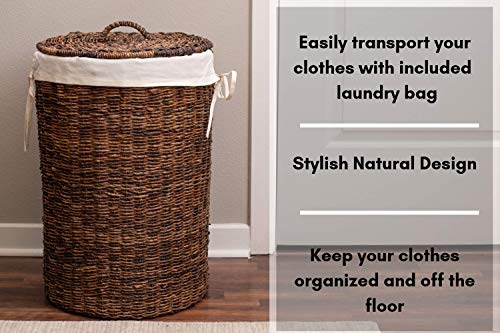 BirdRock Home Abaca Laundry Hamper with Liner - Round Clothes Bin with Lid - Organize Laundry - Cut-Out Handles for Easy Transport - Includes Machine Washable Canvas Liner (Espresso)