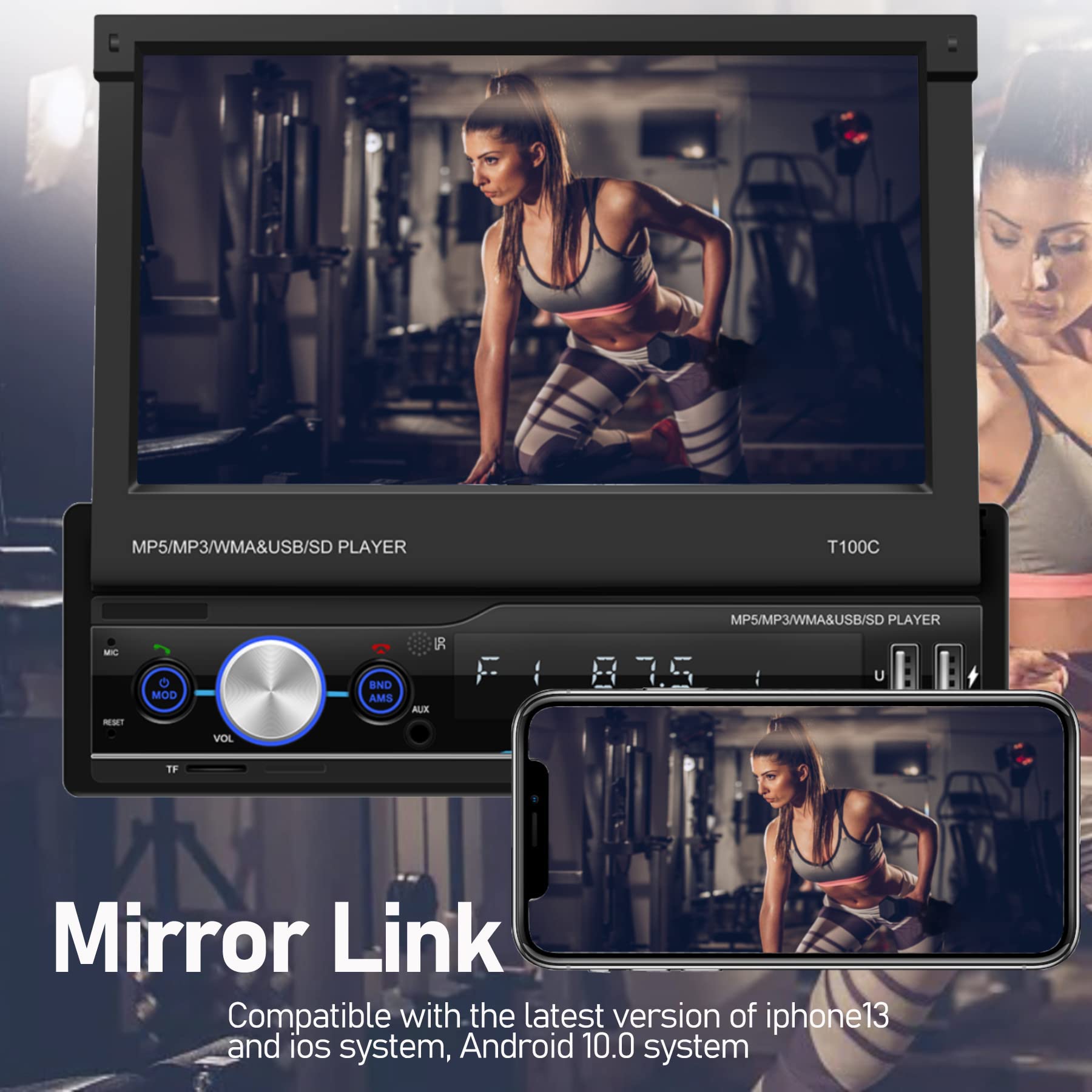 7 Inch Single Din Car Stereo, Apple Carplay Android Auto Flip Out Car Touchscreen Radio with Bluetooth,Mirror Link,Backup Camera, USB/AUX Input,AM/FM