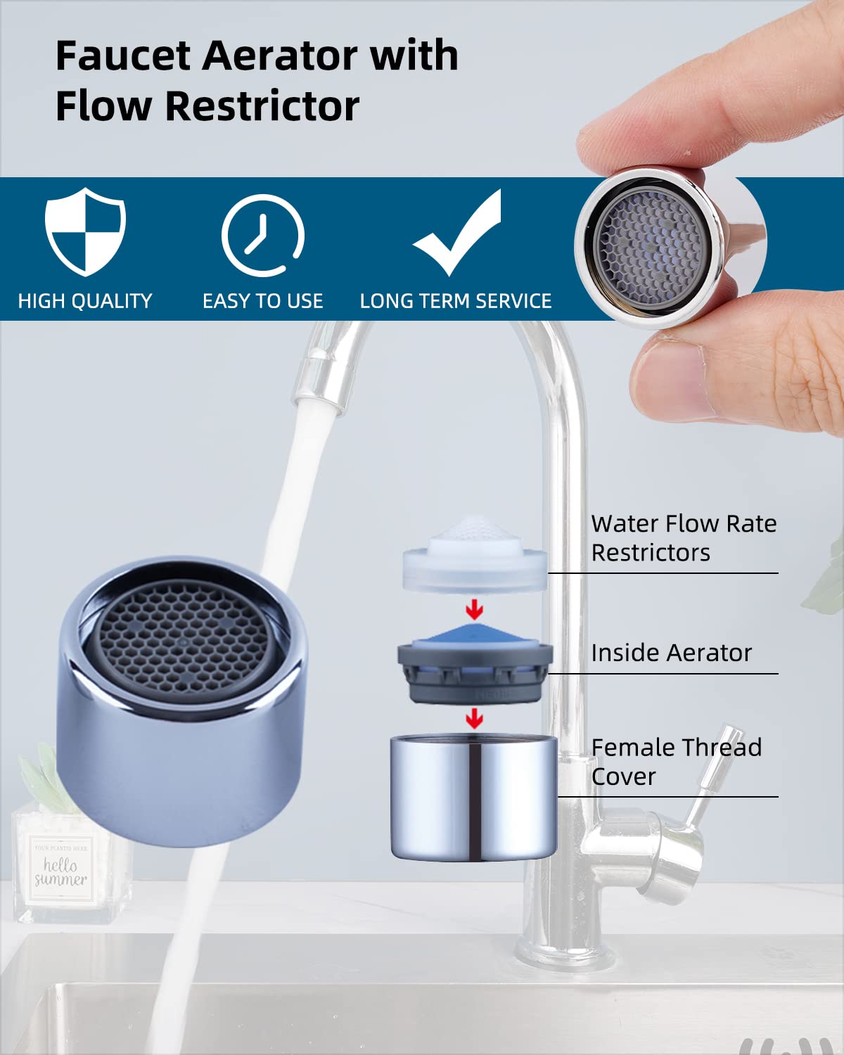 3 Pcs Faucet Aerator, Female Thread Kitchen Faucet Aerator Kitchen Sink Aerators, 1.2, 1.5, 1.8, 2.5 GPM Flow Restrictor Replacement Parts Bathroom, 55/64-Inch 22mm Female Thread-Chrome