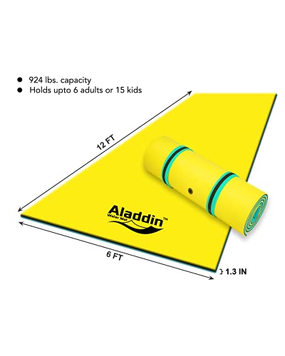 ALADDIN WATER MAT 12x6 Ft, 3 Layers, Newest Model, Floating Water Pad-Mat-Island-Giant Lilly Pad for Ocean, Pools, Lakes, Rivers - (Green/Yellow)