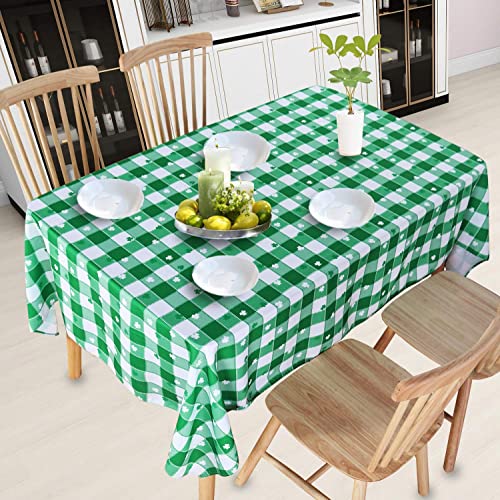SARAFLORA St Patrick's Day Checkered Fabric Rectangle Table Cloth-60x84 Inch-Polyester Shamrock Pattern Tablecloth, Table Cover Protector for Party, Banquet, Dinner Decoration Use, Green & White