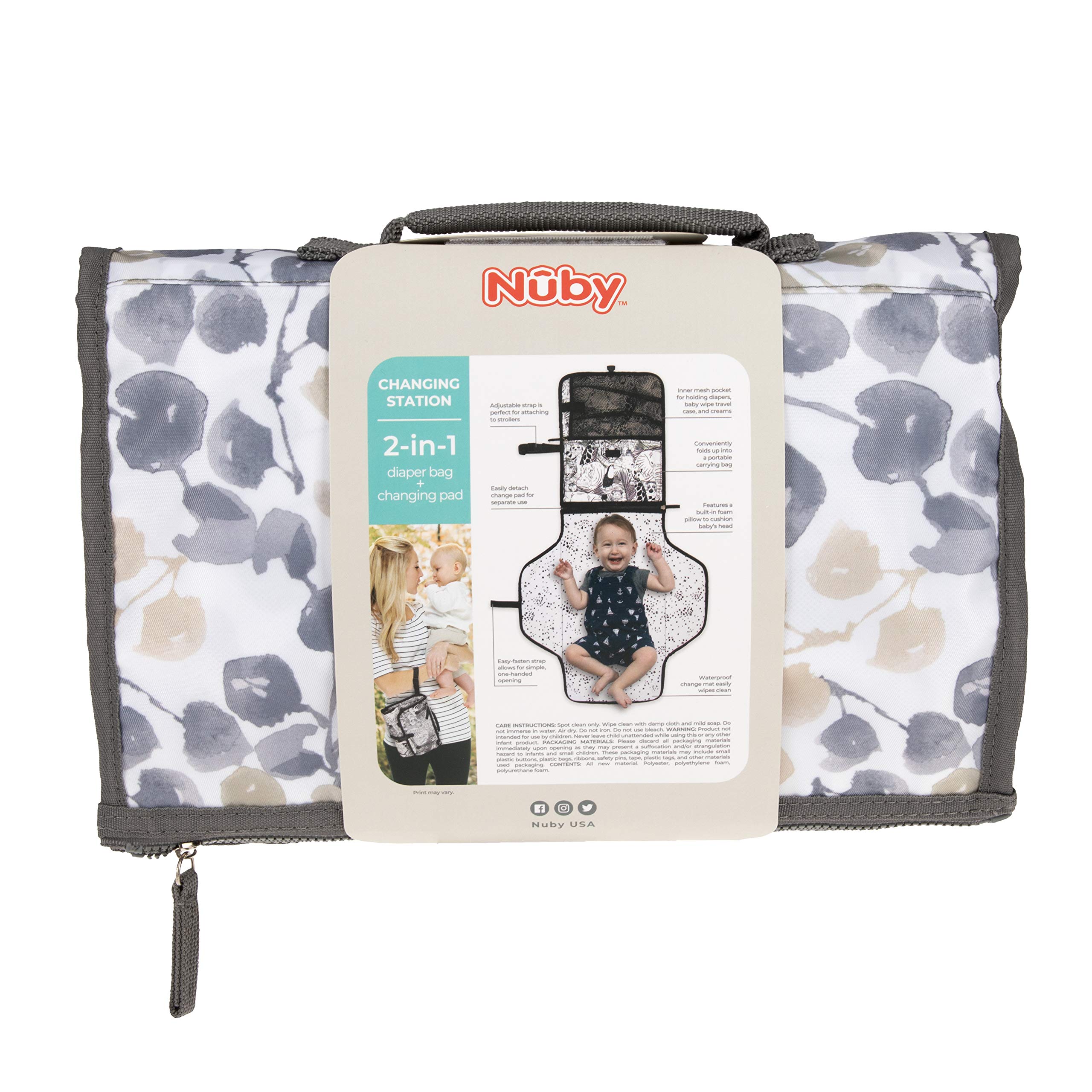 Nuby Portable Baby Changing Pad Station, Quick Wipe Clean Changing Mat with Built-in Pillow, Floral Print