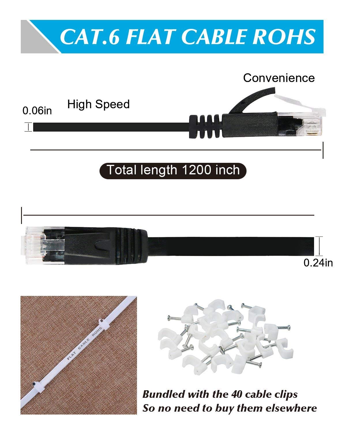 MATEIN Cat6 Ethernet Cable 100ft, Long Flat Internet Cable for Gaming, High Speed Network Cord Compatible with Clips RJ45 Connector Fast Computer LAN Wire Fit for Router,WiFi,PS4,Xbox,Switch,Coupler